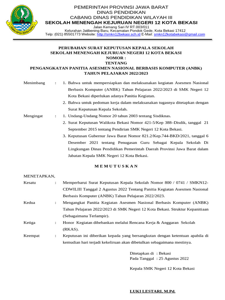 Perubahan SK Panitia ANBK | PDF