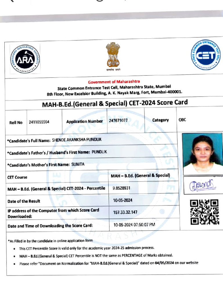 Score Card Cet B.ed | PDF