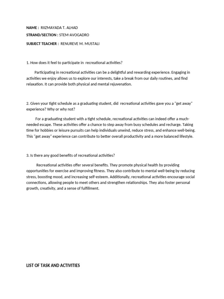 Name: Strand/Section: Subject Teacher:: List of Task and Activities | PDF