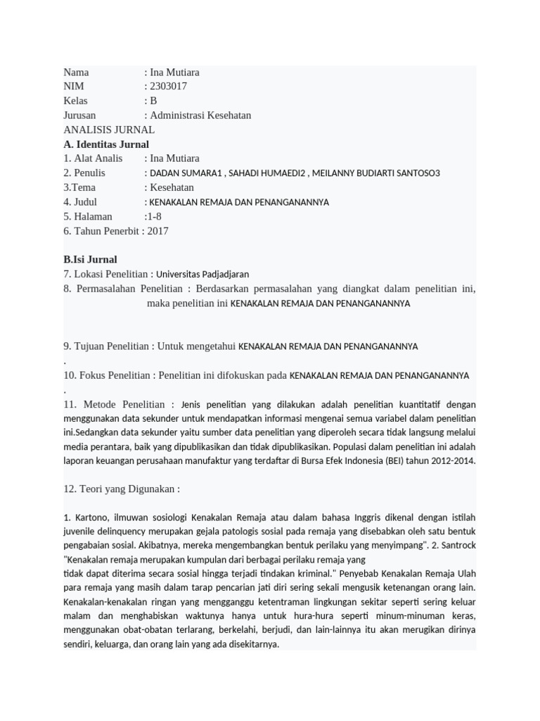 Kenakalan Remaja: Analisis dan Soluciones | PDF