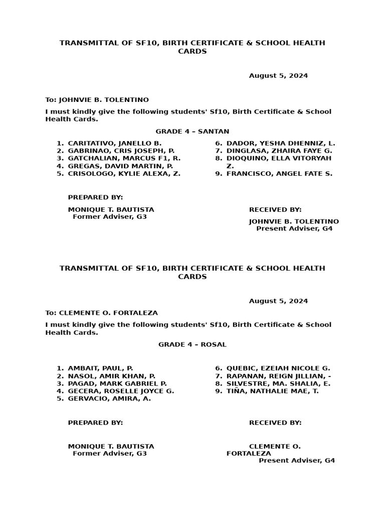 TRANSMITTAL OF SCHOOL FORM 10 AND BIRTH CERTIFICATE | PDF