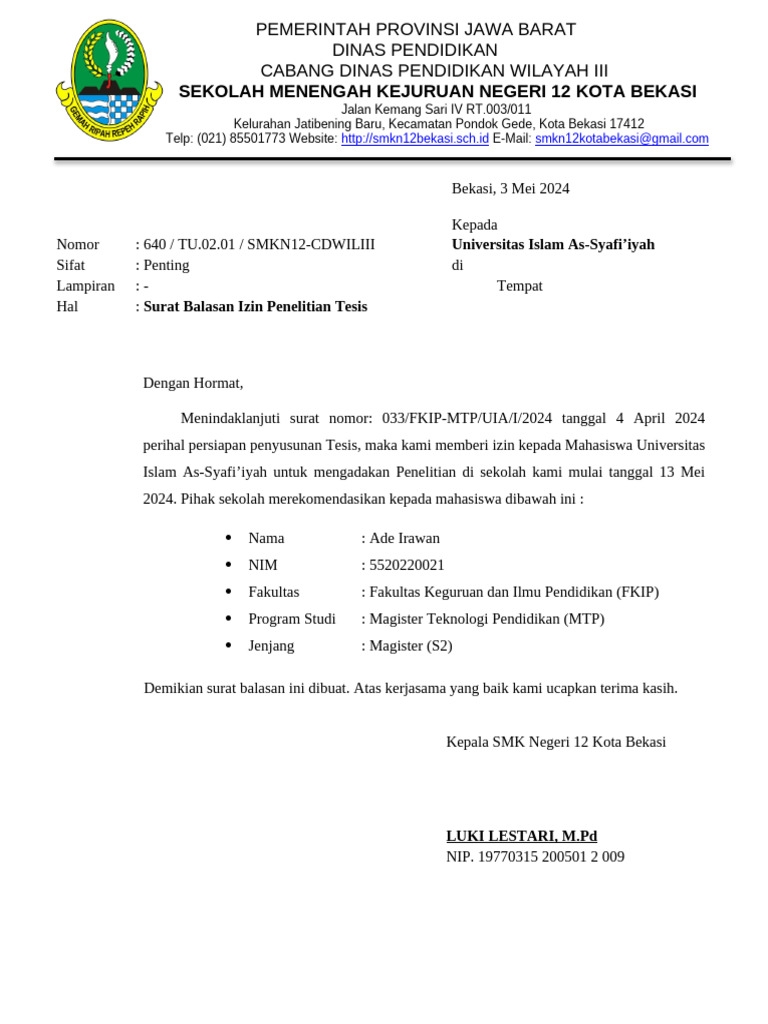 Surat Balasan Izin Penelitian Pak Ade | PDF