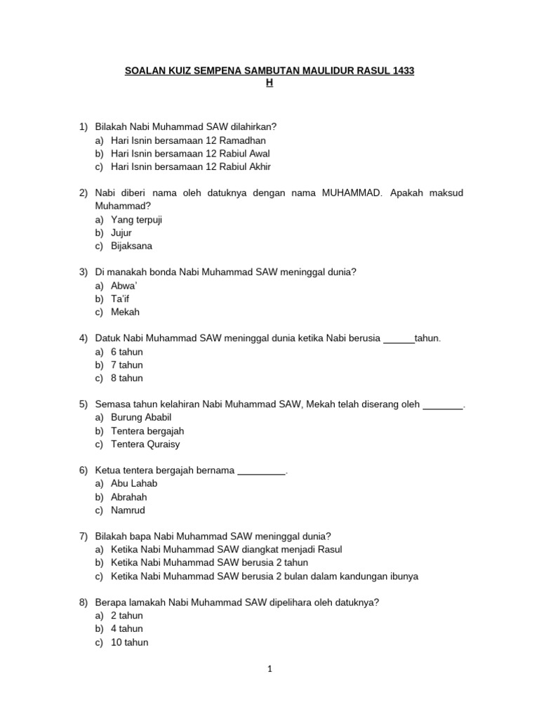 Soalan Kuiz Sempena Sambutan Maulidur Rasul 1432h | PDF
