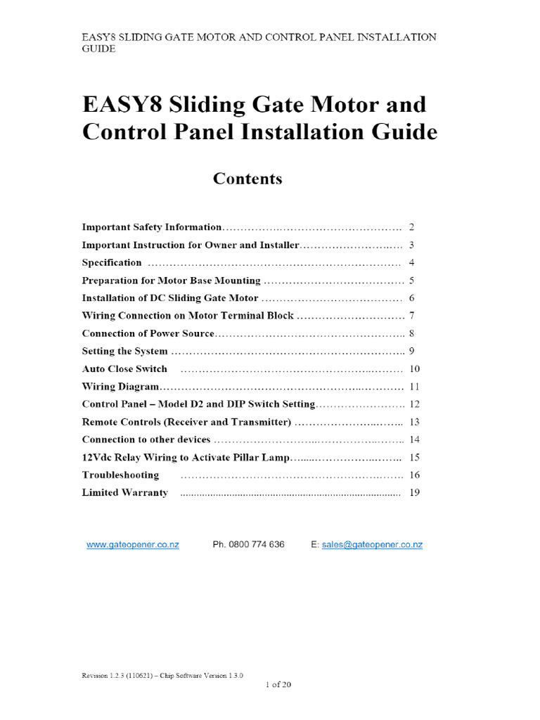 EASY8 Sliding Gate Motor and Control Panel Installation Guide | PDF