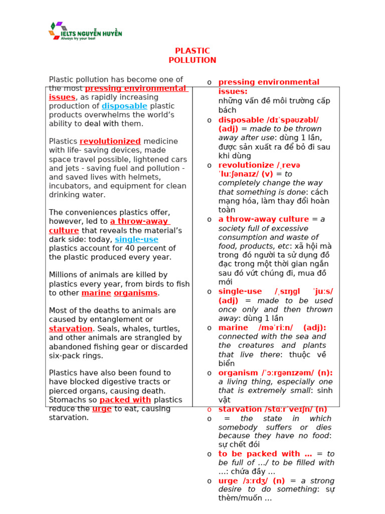 DAY 4 PLASTIC POLLUTION Ielts Nguyenhuyen | PDF