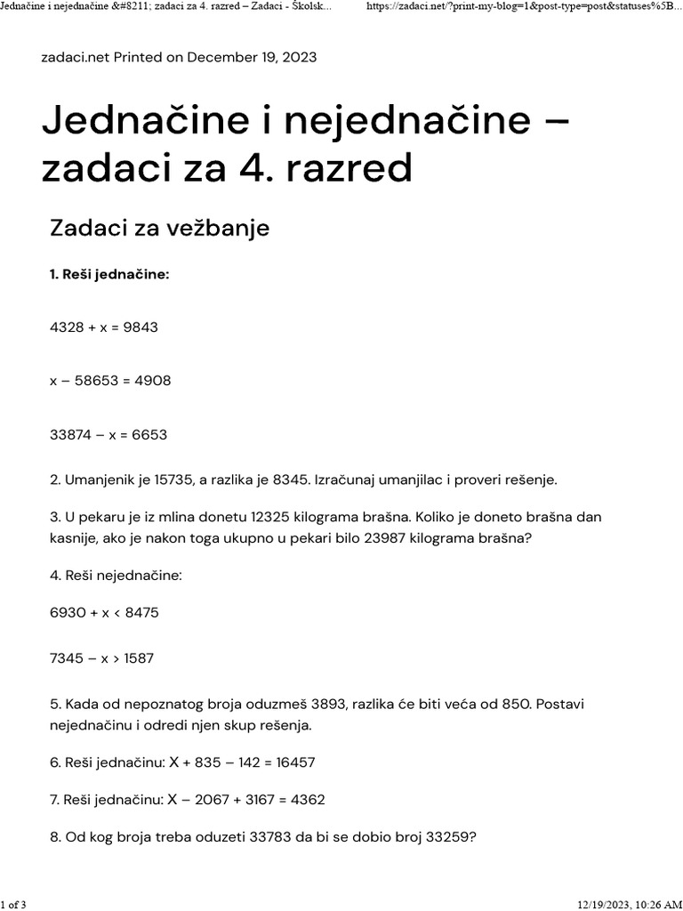 Jednačine I Nejednačine – Zadaci Za 4. Razred - Zadaci - Školski Zadaci Za Sve Uzrasteback To ...