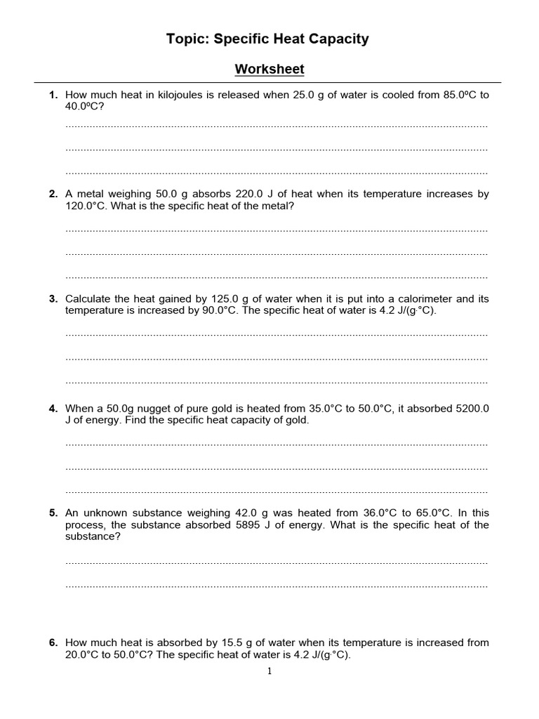 Topic: Specific Heat Capacity: Worksheet | PDF