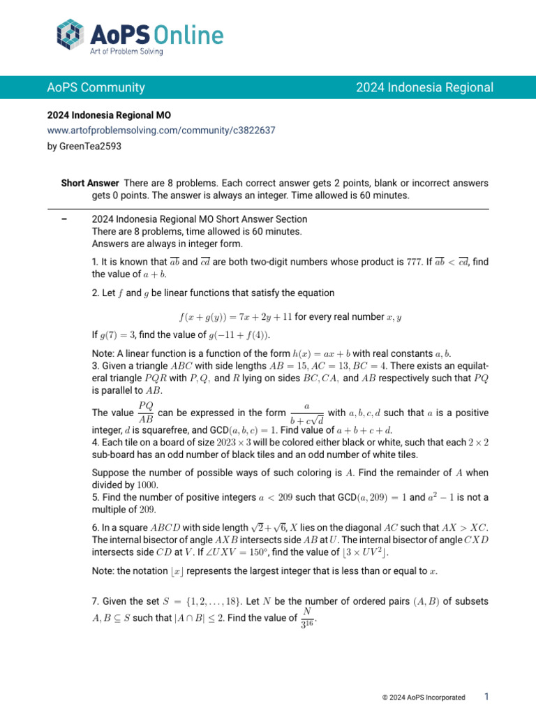 Aops Community 2024 Indonesia Regional | PDF