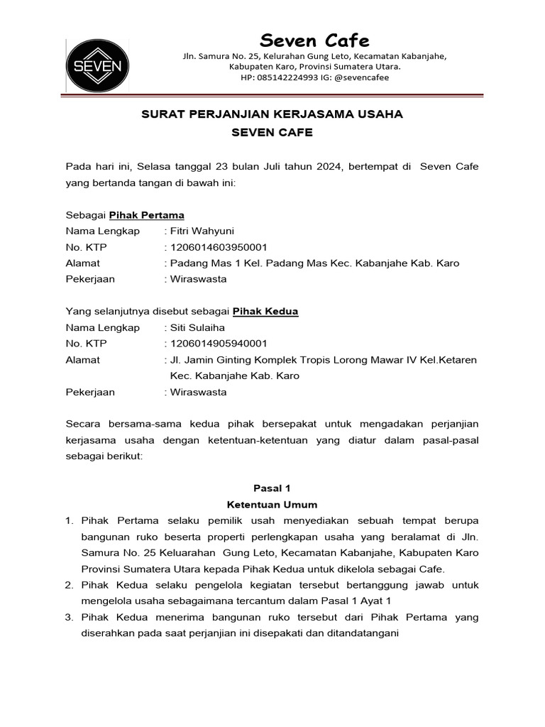 Perjanjian Kerjasama Seven Cafe | PDF | Bisnis | Hukum