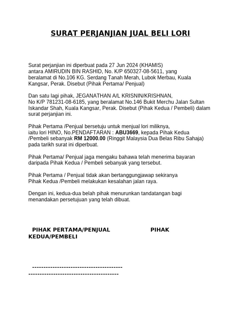 Contoh Surat Perjanjian Jual Beli Lori | PDF