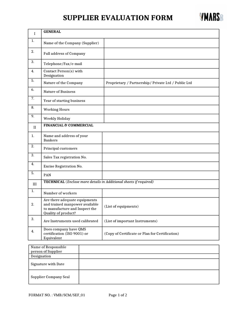 Supplier Evaluation Form | PDF