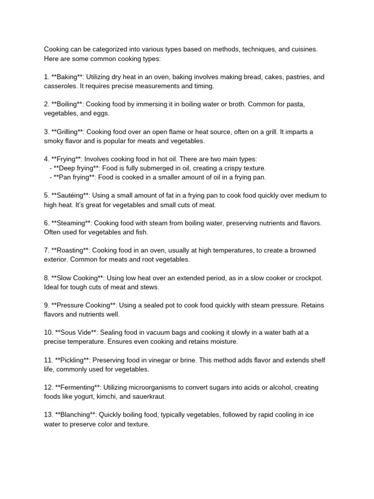 Cooking Can Be Categorized Into Various Types Based On Methods ...