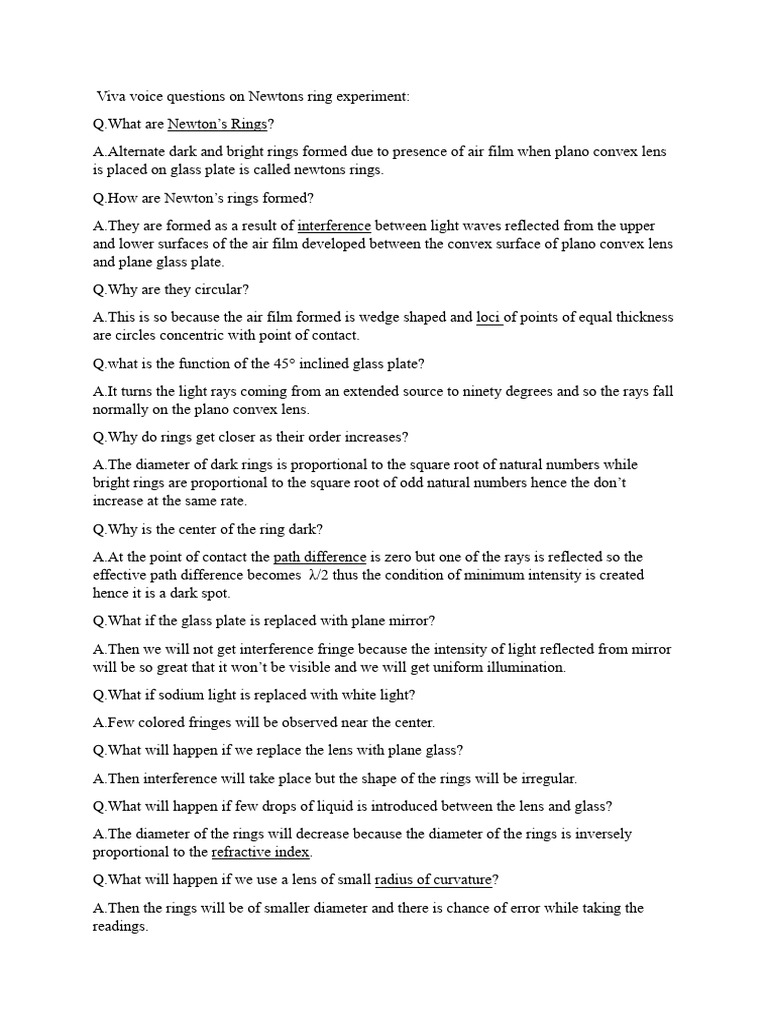 Viva Voice Questions On Newtons Ring Experiment | PDF | Optics | Home ...