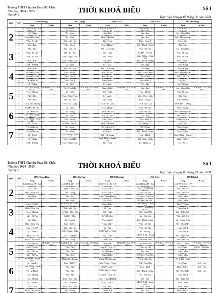 TKB-số 1 - Học Sinh | PDF