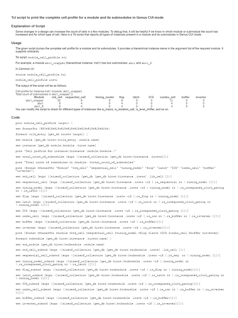 TCL Script To Print The Complete Cell Profile For A Module and Its ...