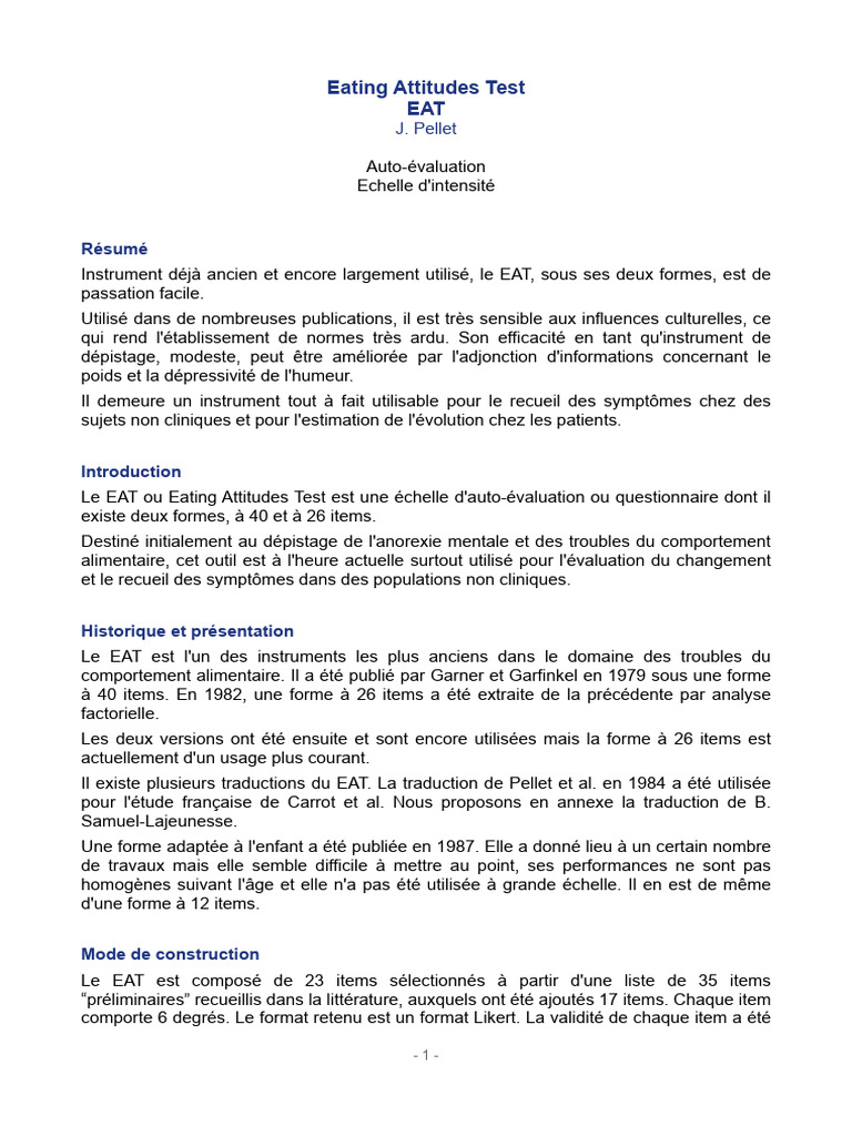 EAT-40-Eating Attitudes Test-Trouble Alimentaire Et Anorexie Mentale | PDF