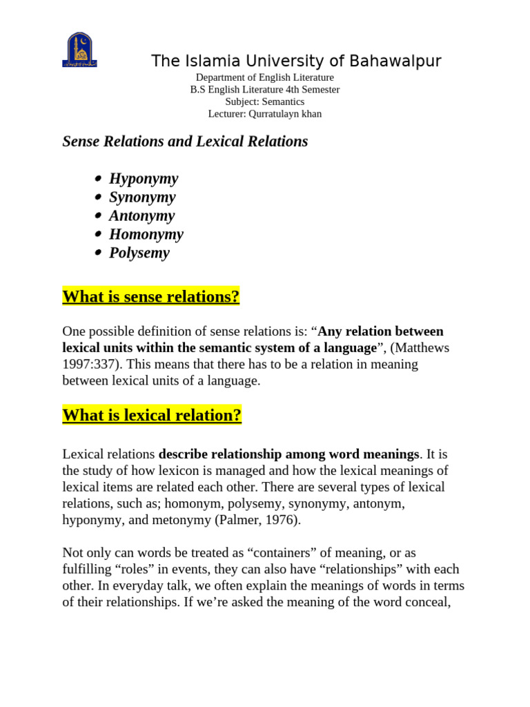 BS 4th Semantics Sense Relations and Lexical Relations by Qurratulayn ...