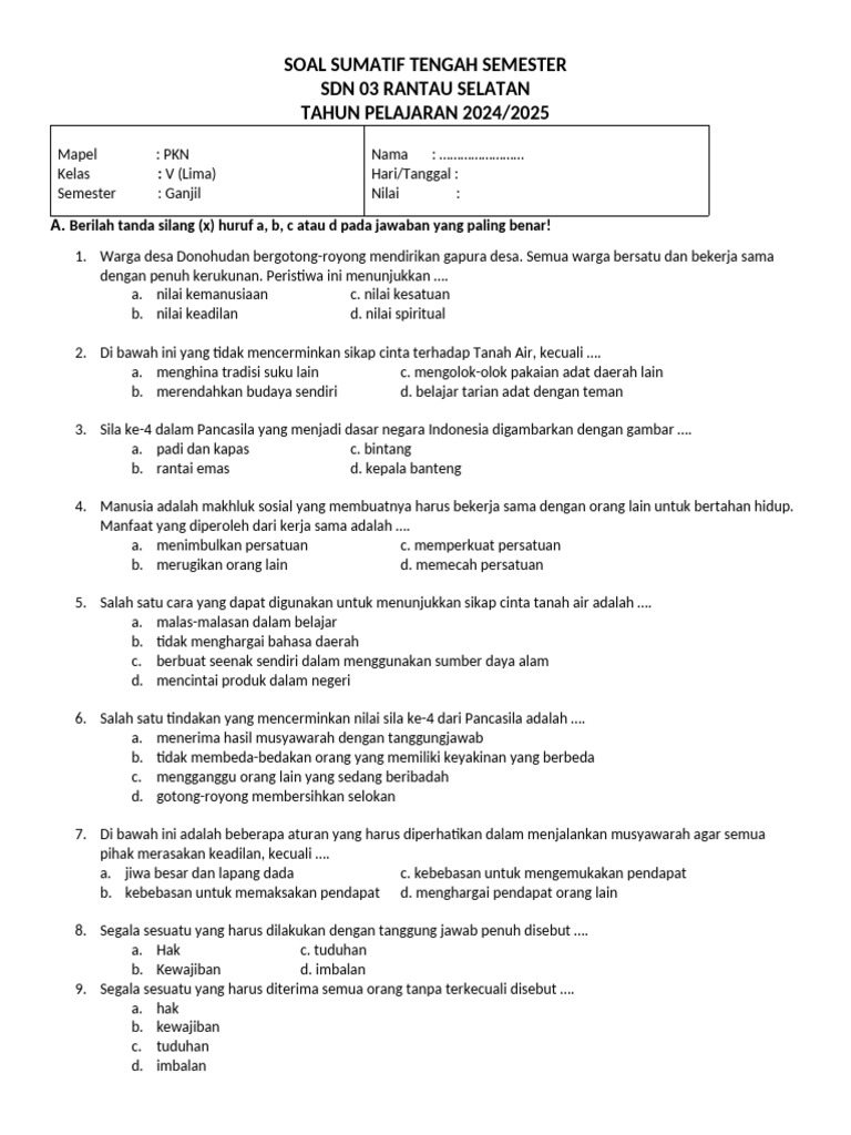 Soal UTS PKN Kelas 5 | PDF