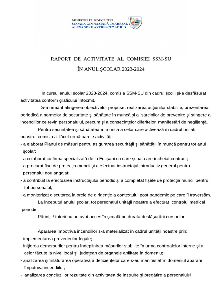 Raport Psi SSM 2023-2024 | PDF | Romania