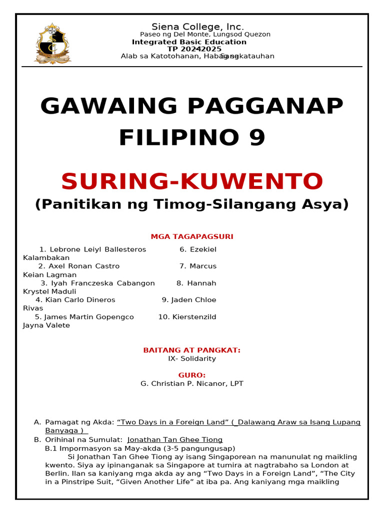 FILIPINO 9solidarity RT 3&4 Suring-Kwento | PDF