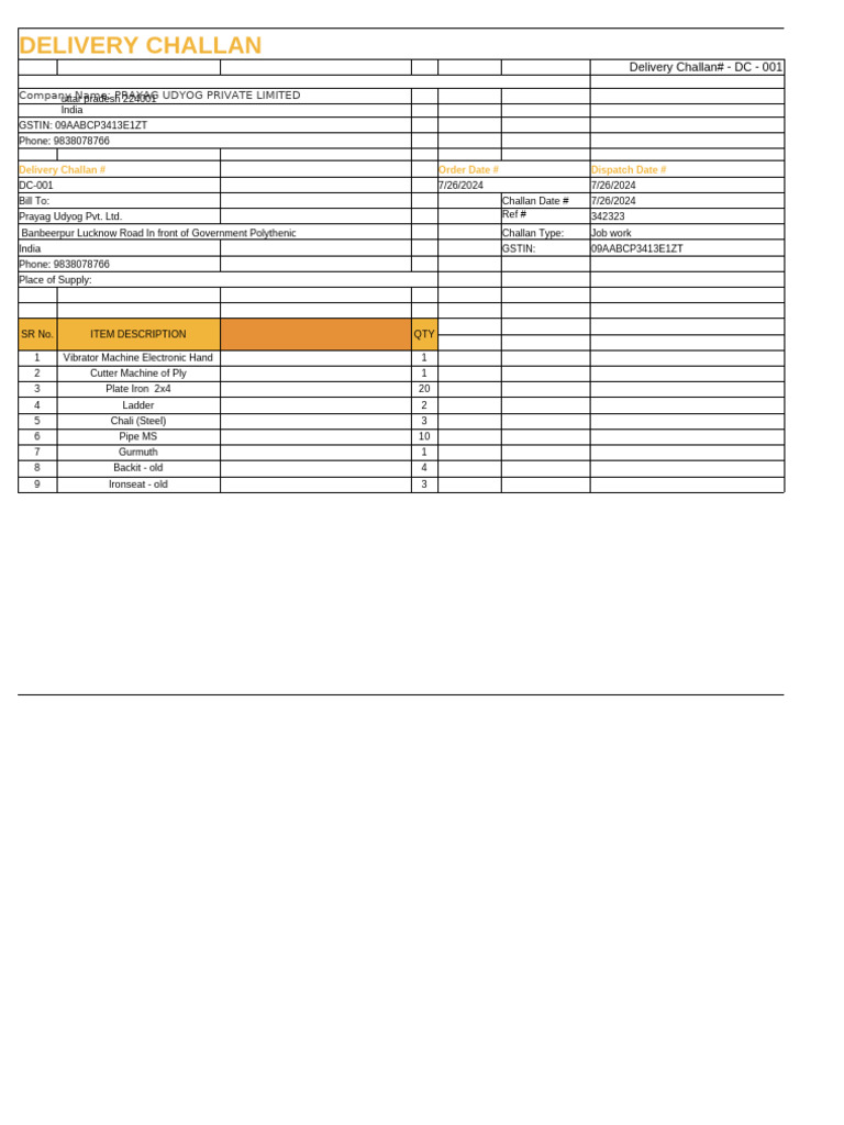 Delivery Challan DC-001 Details | PDF