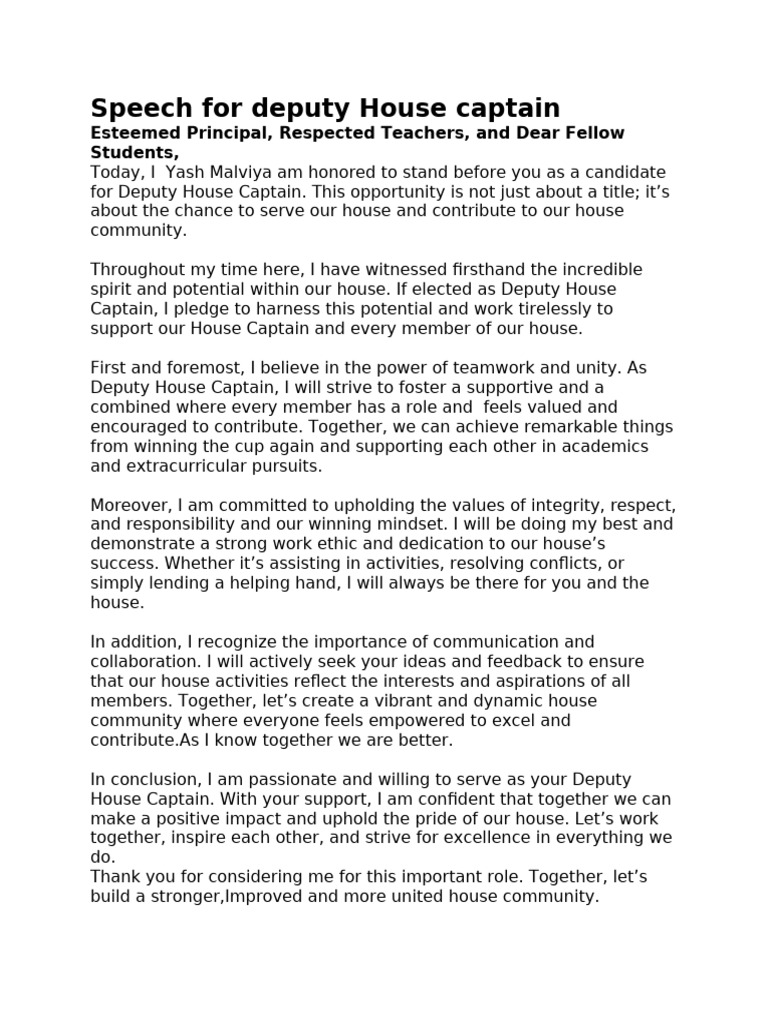 Speech For Deputy House Captain: Esteemed Principal, Respected Teachers ...