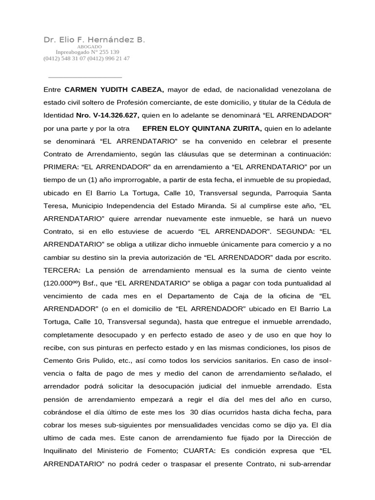 Contrato Arrend Local EFREN. | PDF