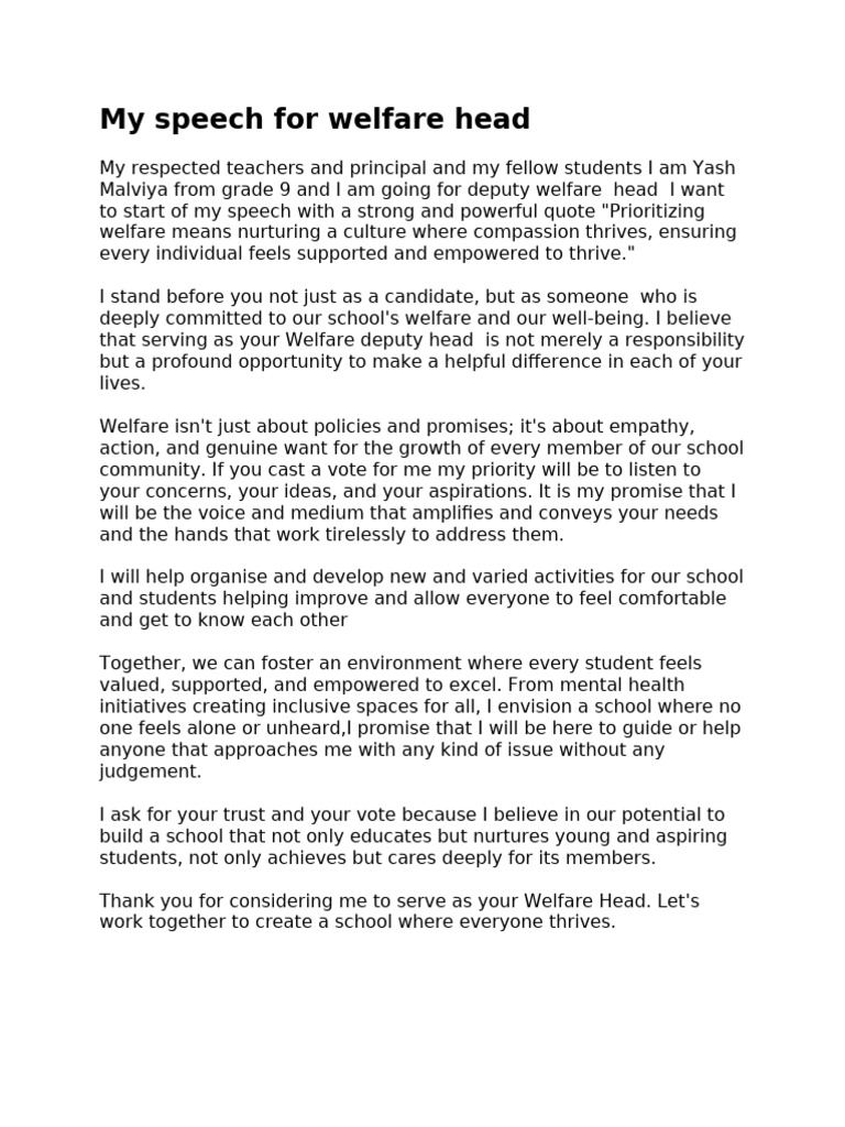 My Speech For Welfare Head | PDF