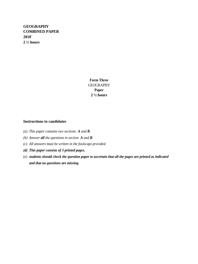 Geography Form 3 Exam Paper 2018 | PDF | Mountains | Science & Mathematics