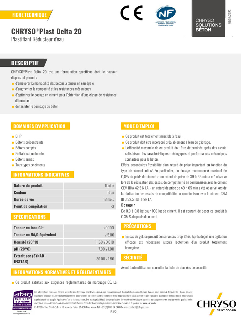 Chryso Plast Delta 20: Plastifiant Réducteur D'eau | PDF