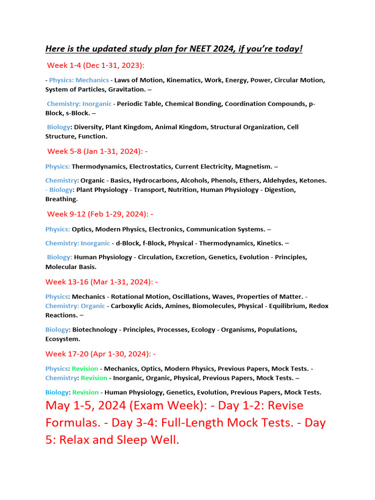 Here is the updated study plan for | PDF