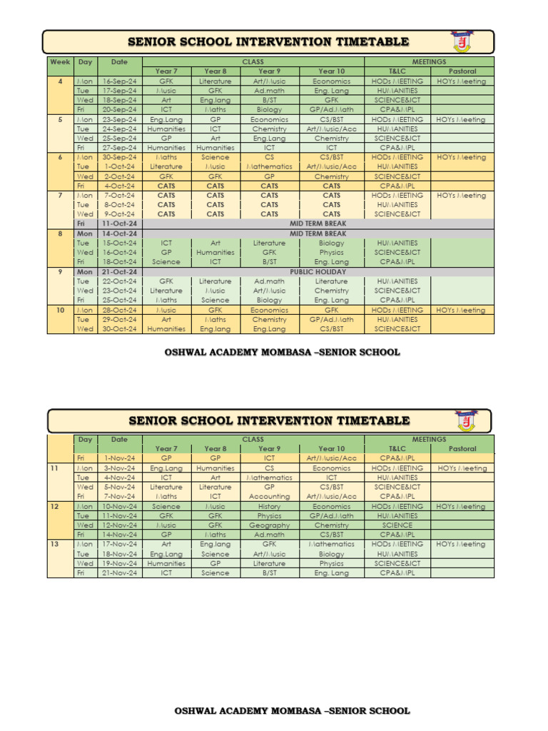 Senior School Intervention Timetable | PDF