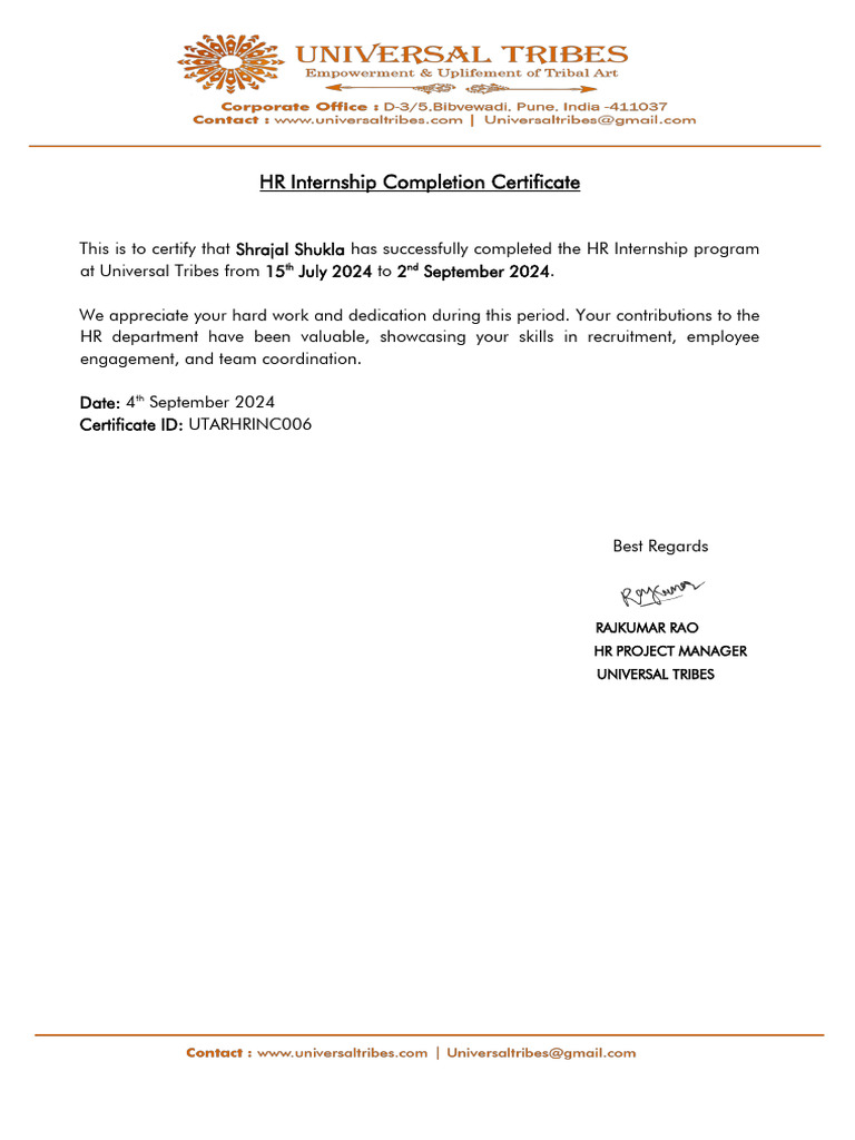 Shrajal Shukla HR INTERN COMPLETION C24-25 | PDF