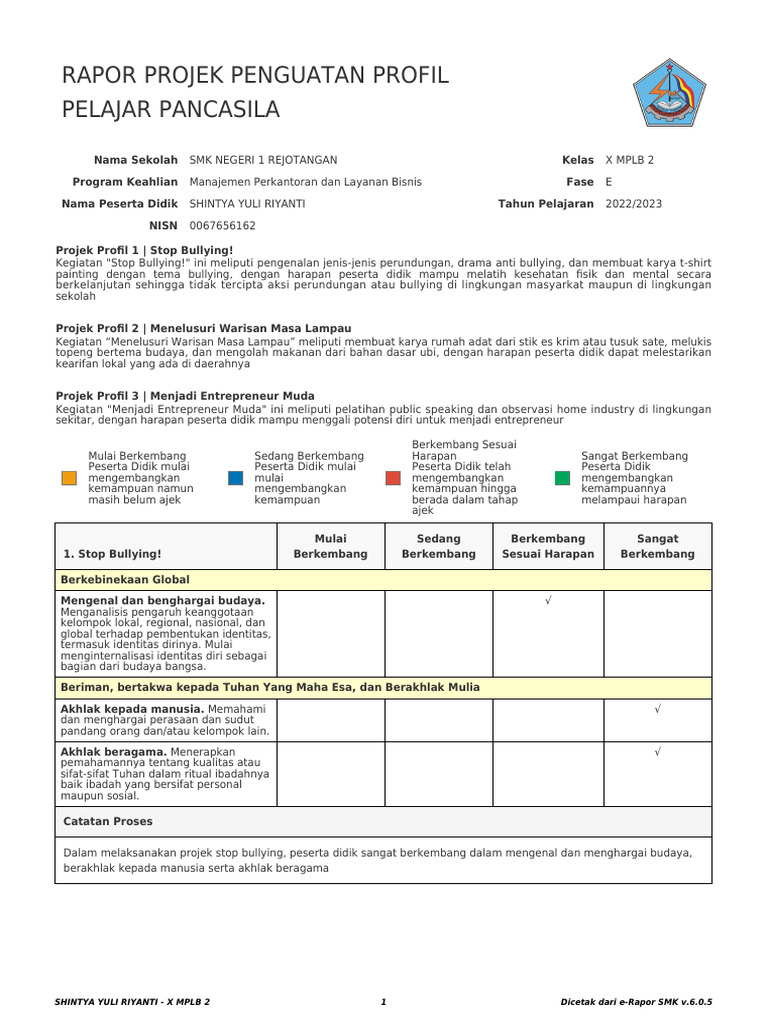 Shintya Yuli Riyanti - X MPLB 2-Rapor-P5 | PDF