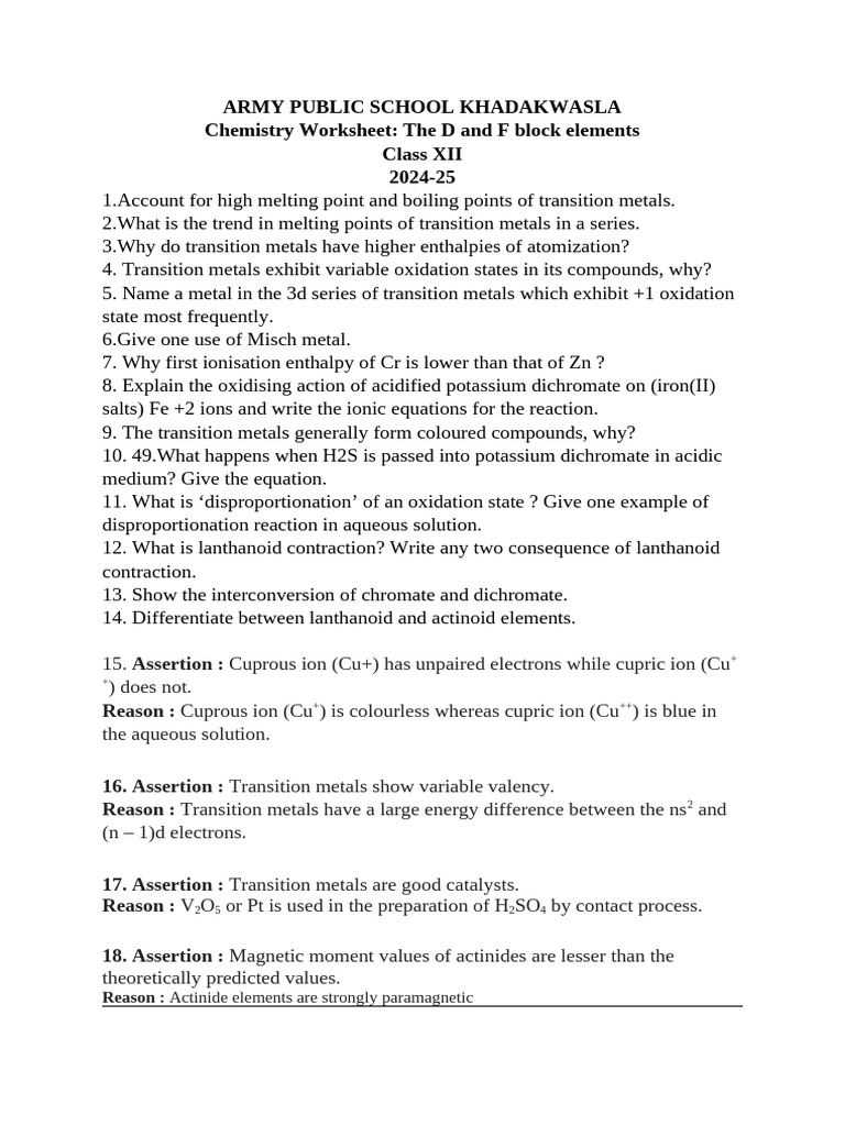 D and F Block Elements Worksheet | PDF | Transition Metals | Technology ...