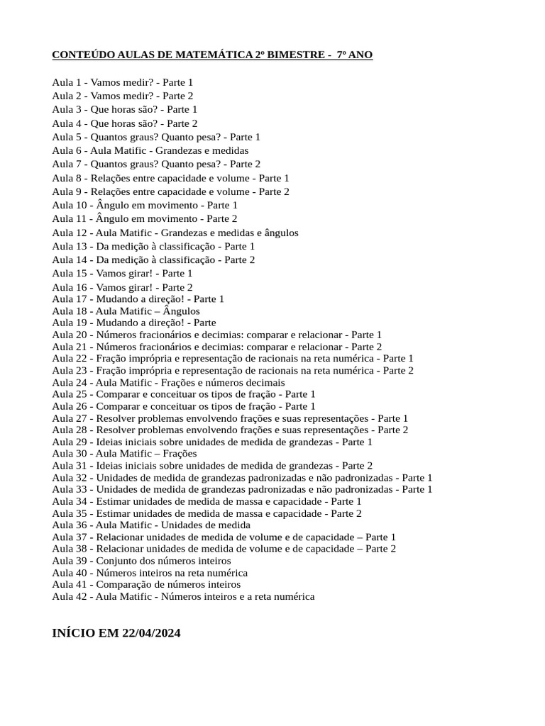 Conteúdo Aulas 2 Bimestre | PDF