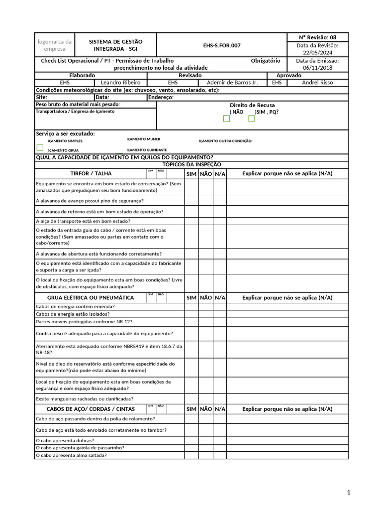 Ehs-S.for.007 Checklist Operacional PT Trabalho em Altura Rev8 | PDF