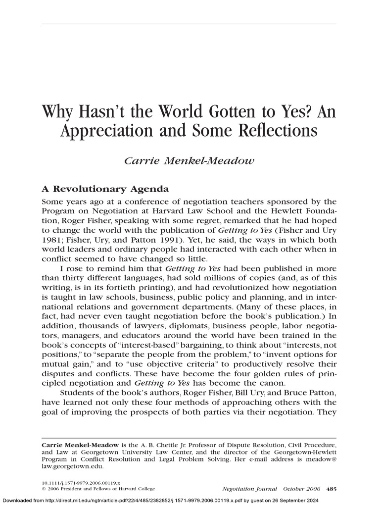 Carrie Menkel-Meadow (2006) 'Why Hasn't The World Gotten To Yes An ...