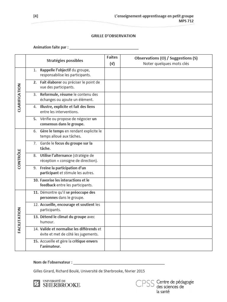 Girard Et Boulé (2015) Grille - Observation - Animation | PDF