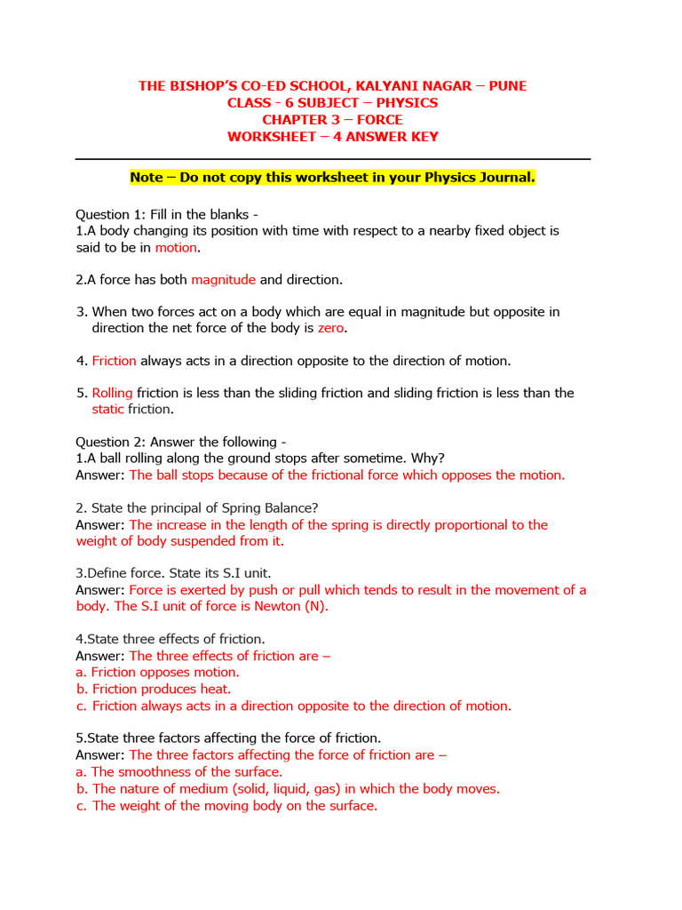 Class 6 Physics Force Worksheet Key | PDF | Language Arts & Discipline | Self-Improvement