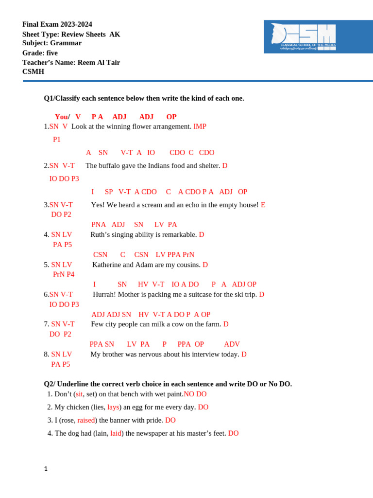 Gr5-Grammar-Final Exam-Review Sheet AK | PDF