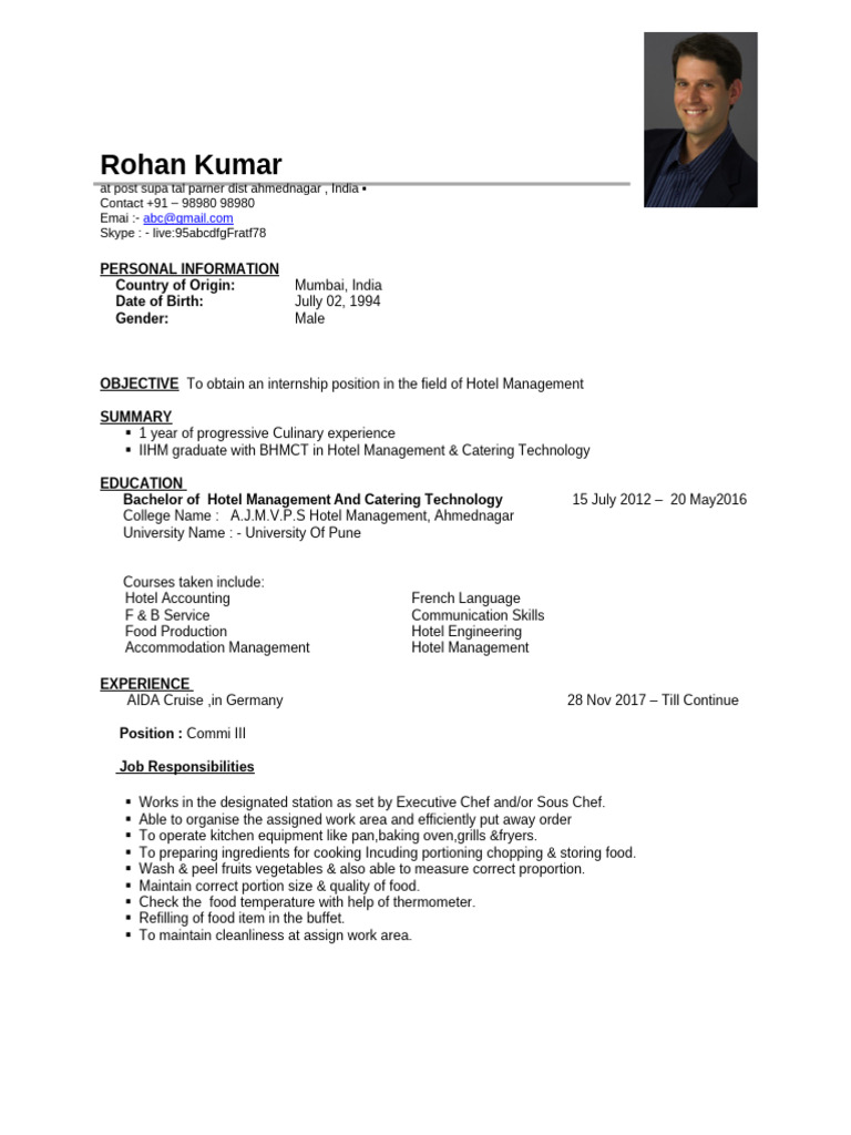 Sample Resume J1 Program | PDF