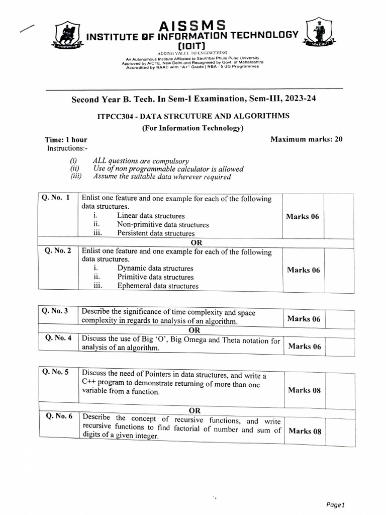 ITPCC304-Data Structure and Algo S.Y. B. Tech. in Sem-I, Sem-IlII, Oct 2023-24 | PDF | Computer ...
