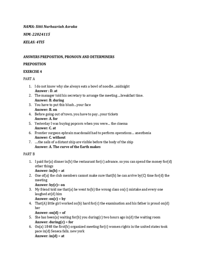 bhs inggris, ANSWERS PREPOSITION, PRONOUN AND DETERMINERS | PDF