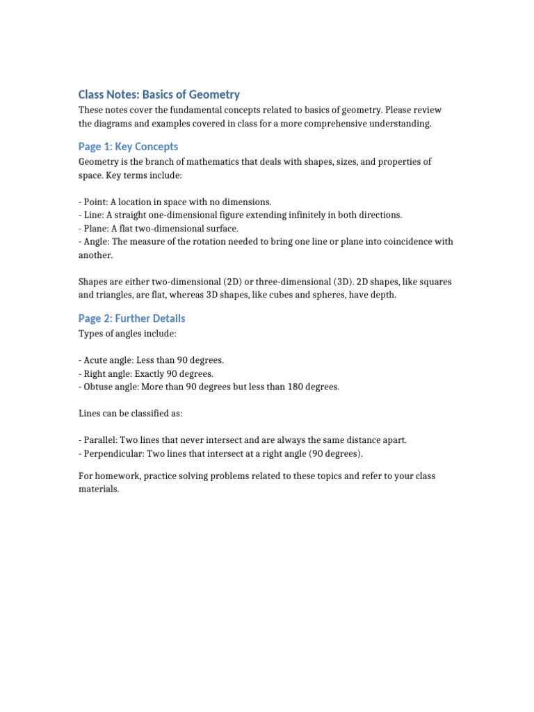 Basics Of Geometry Class Notes Pdf 9167