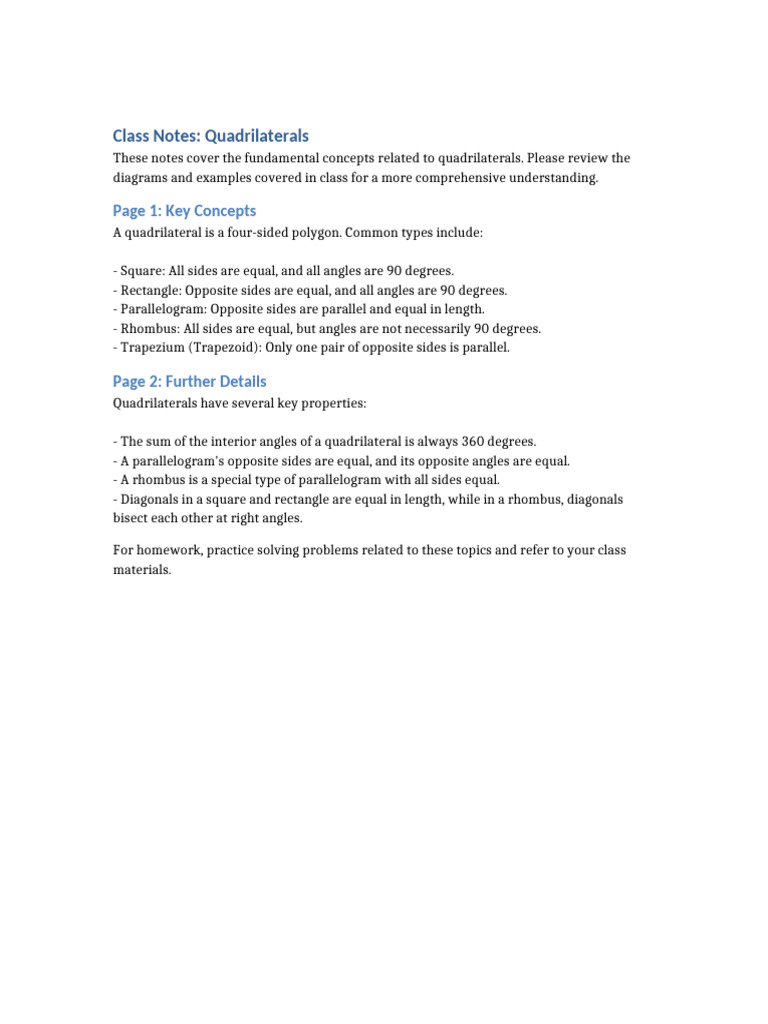 Quadrilaterals Class Notes Pdf