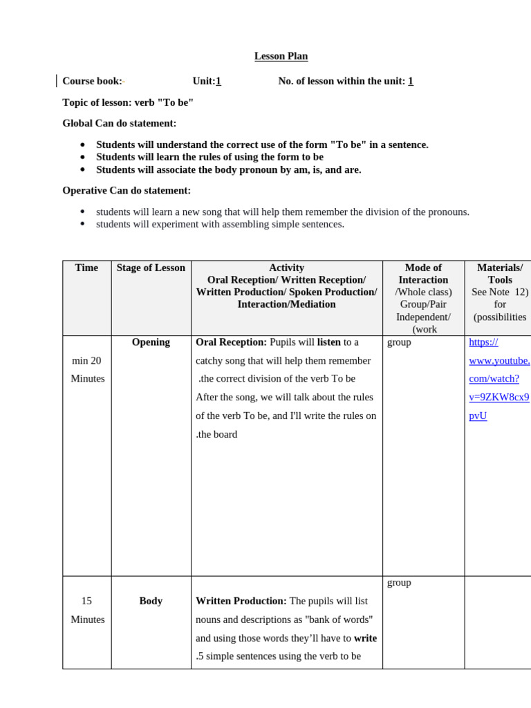Lesson Plan 1 | PDF | Lesson Plan | Language Arts & Discipline