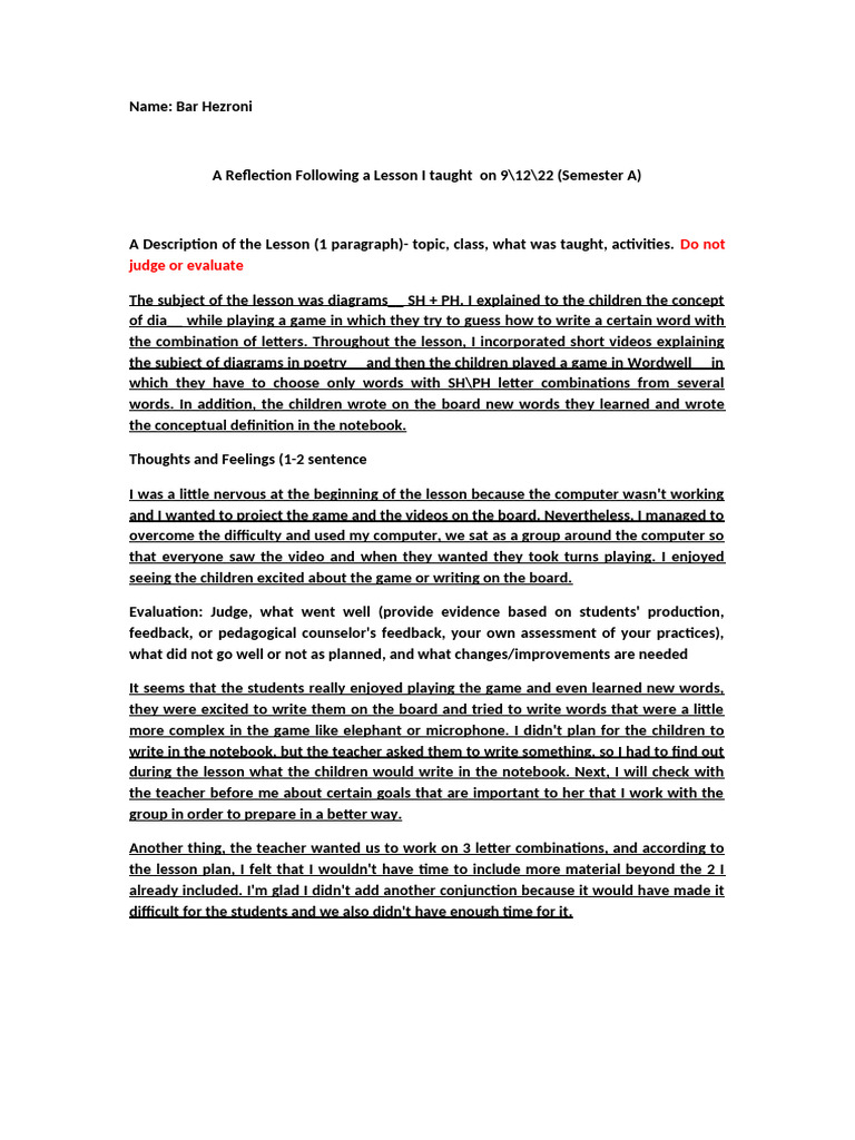 A Template For Writing A Reflection Semester A | PDF