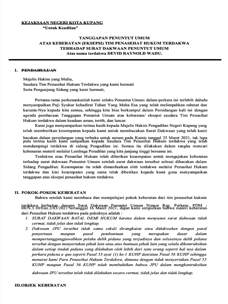 Contoh Tanggapan Eksepsi | PDF