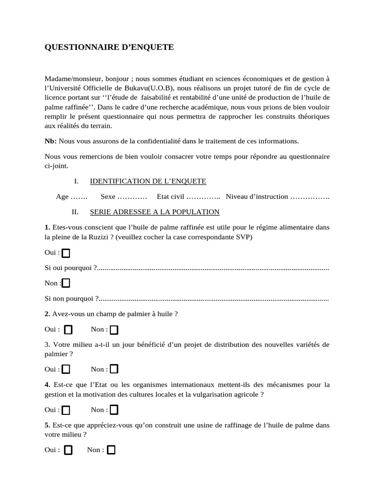 QUESTIONNAIRE D'ENQUETE | PDF